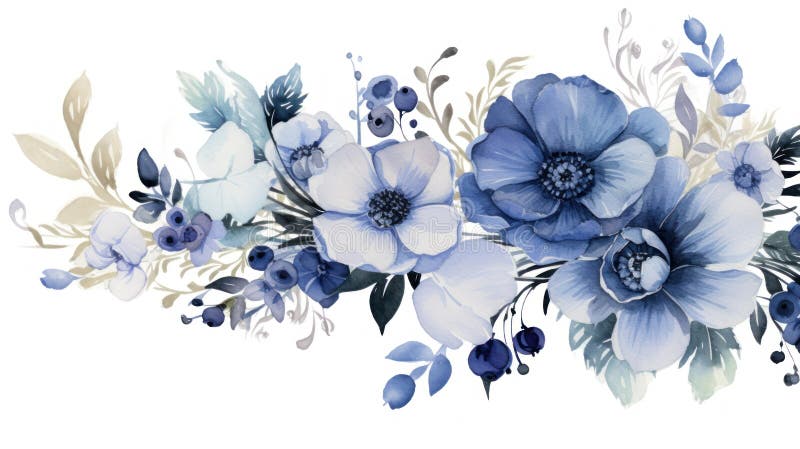 Seamless Pattern With Blue Anemones Watercolor Handmade Stock