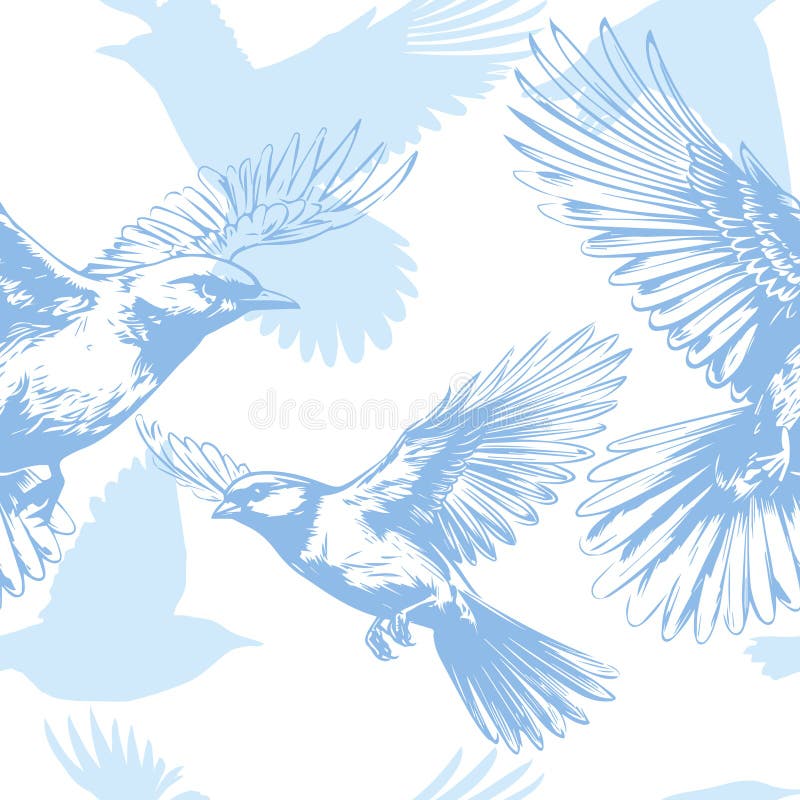 Seamless Pattern of Blue Birds. Hand Drawing Stock Illustration ...