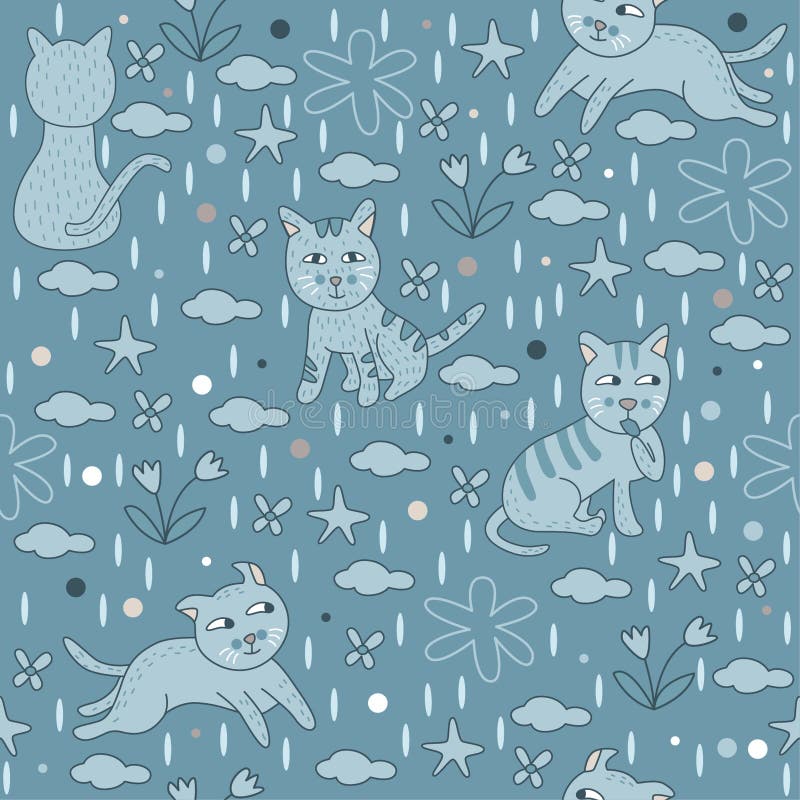 Seamless Pattern Blue Cats Wallpaper Background Stock Vector ...