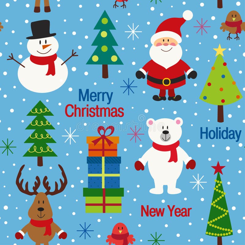 Seamless Pattern Blue with Christmas Trees and Characters Stock Vector ...