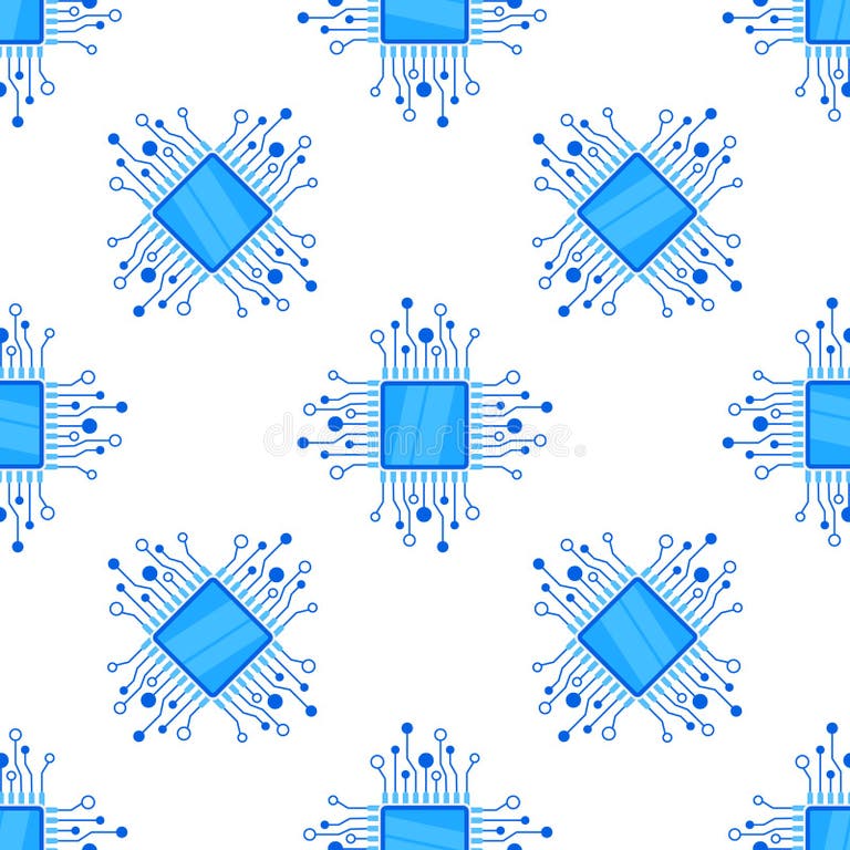 Seamless Pattern of Blue Computer Microchips Connecting on White ...