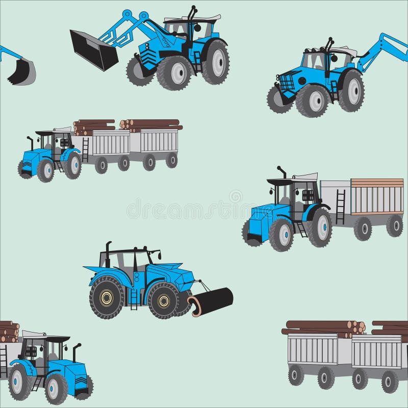 A Seamless Pattern with Blue Construction Tractors on a Green ...