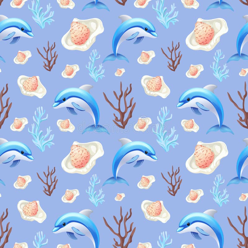 Seamless Pattern with Blue Dolphins, Seashells, Coral Branches and ...