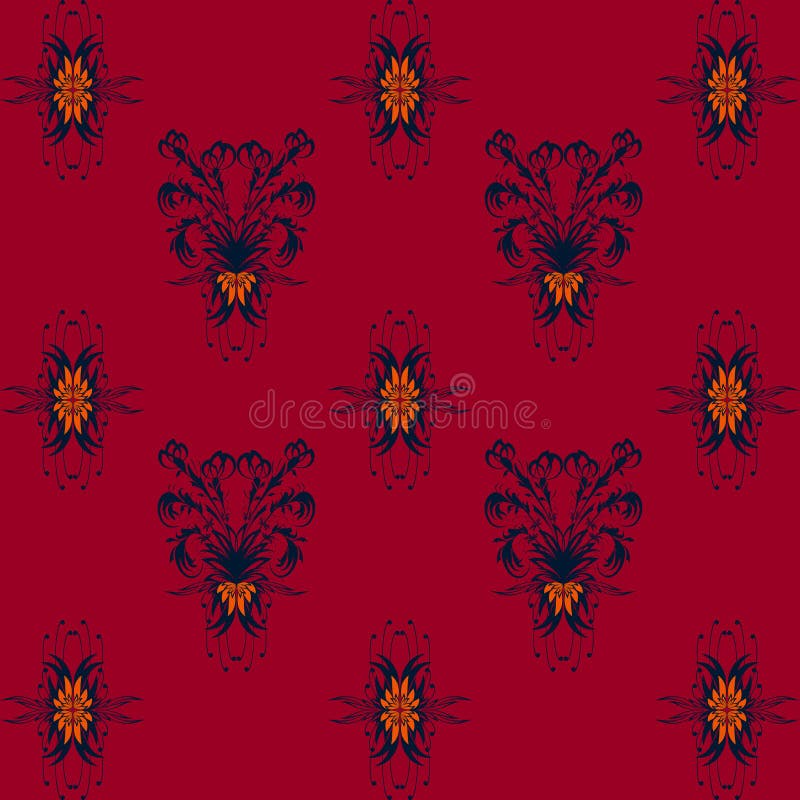 Seamless Pattern with Blue Floral Pattern on Burgundy Background Stock ...