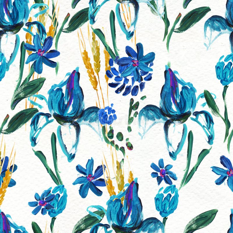 Vector Seamless Pattern with Blue Watercolor Flowers. Stock Vector ...