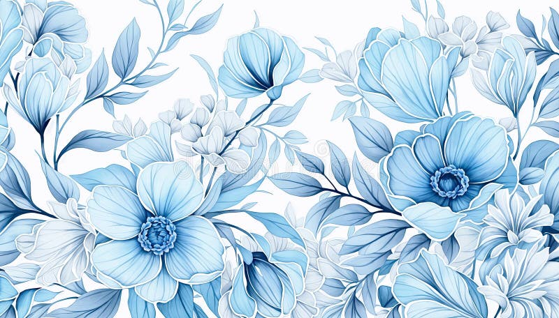 Seamless Pattern with Blue Gradient Flowers and Leaves Vector ...