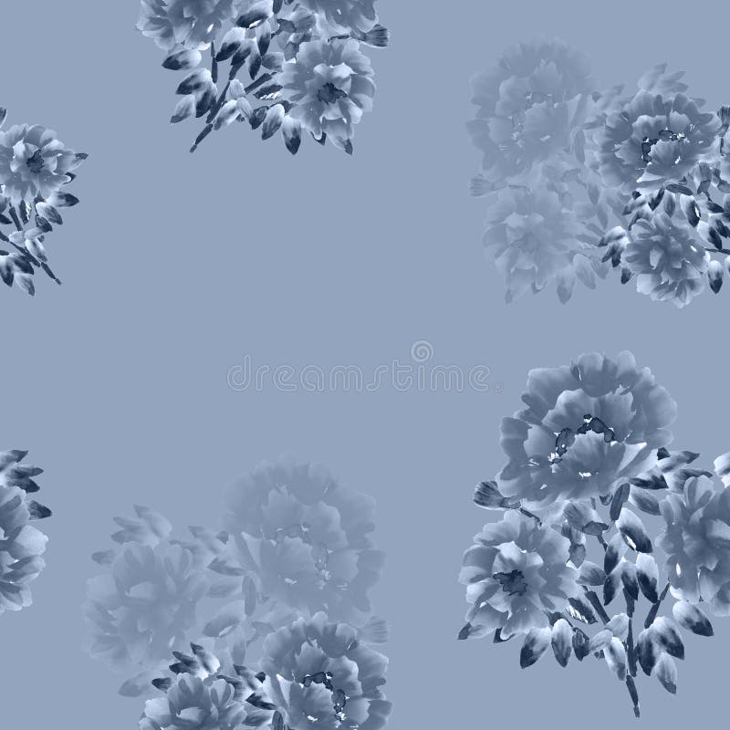 Seamless Pattern of Blue and Gray Flowers and Bouquets on a Deep Blue ...