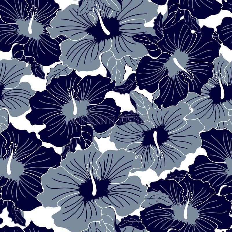 Seamless Pattern, Blue and Gray Hibiscus Flowers on a White Background ...