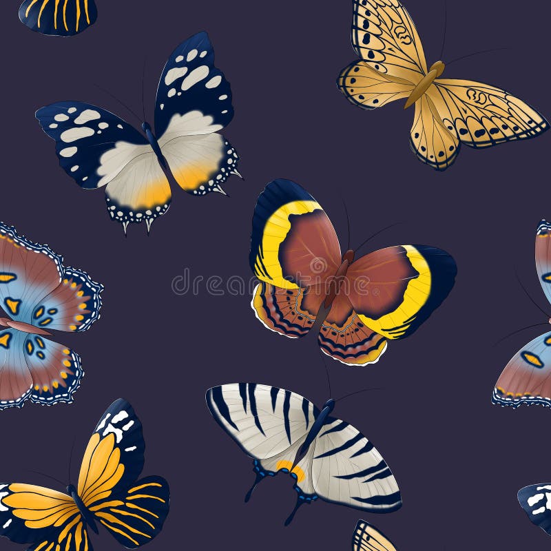 Seamless Pattern of Blue, Gray, Orange, Brown Butterflies Set Isolated ...