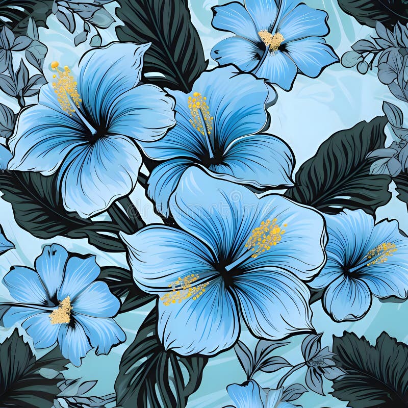 Seamless Pattern with Blue Hibiscus Flowers. Vector Illustration Stock Vector - Illustration of ...