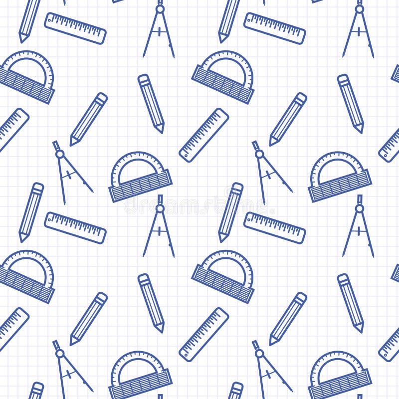 Seamless Pattern with Blue Line Art Icon of Ruler, Compasses, Pencil ...