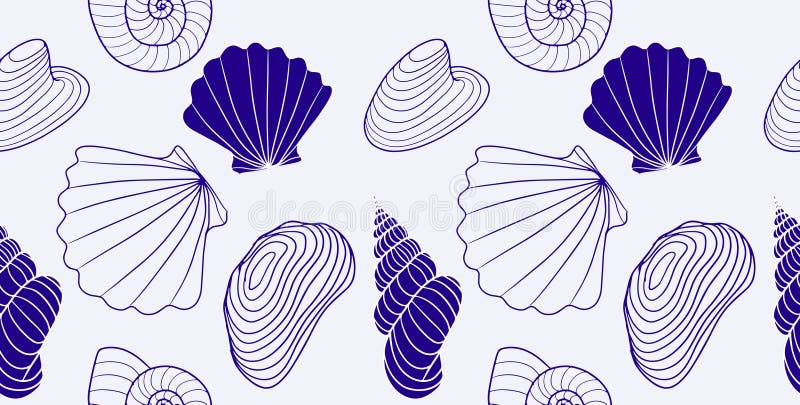 SEamless Pattern with Blue Line Seashells with Different Form. Good for ...