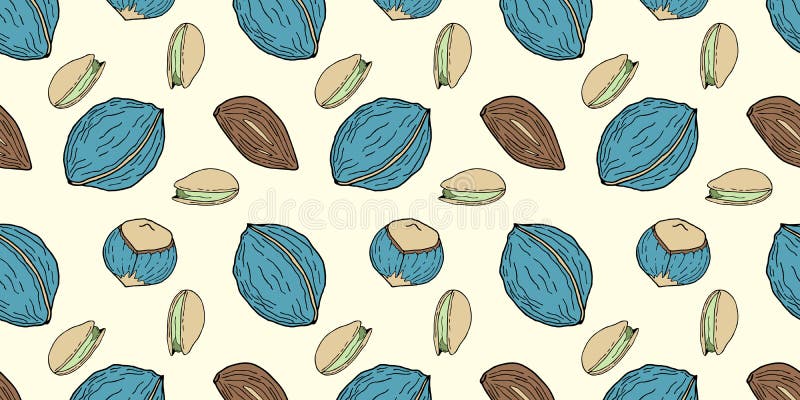 Seamless Pattern with Blue Nuts Hand Drawn Doodle - Walnut, Hazelnut ...