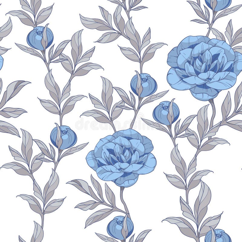 Seamless Pattern with Blue Peonies Flowers with Gray Leaves, Vector ...
