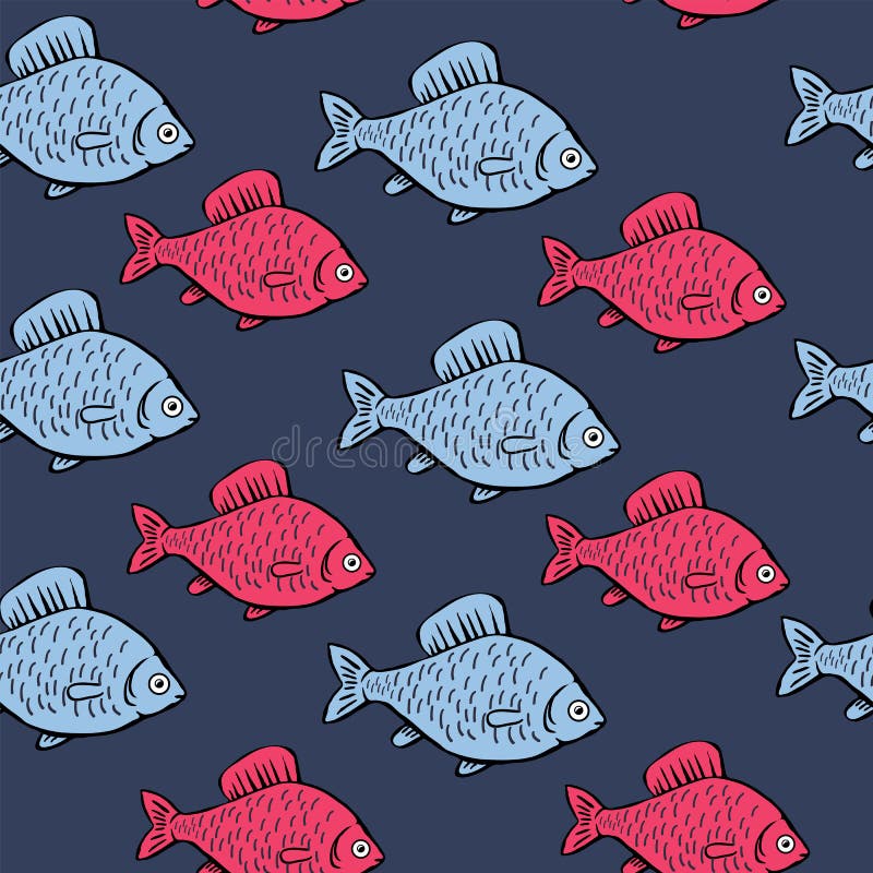 Seamless Pattern with Blue and Pink Fish on Blue Background. Cartoon ...