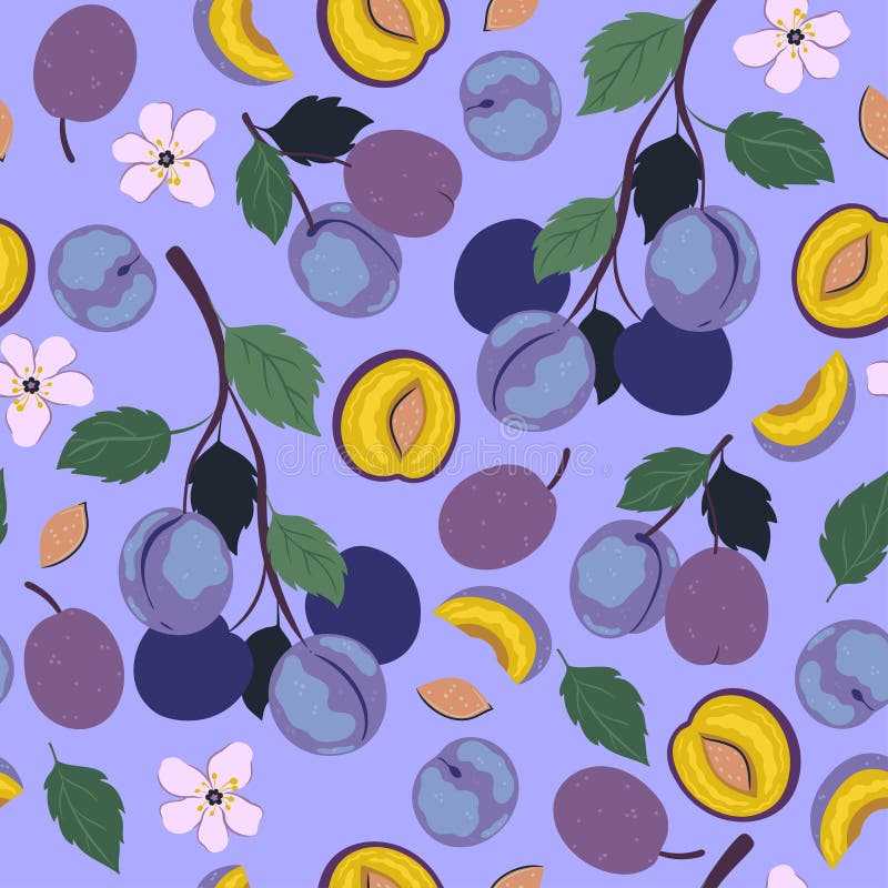 Seamless Pattern with Blue Plum Fruits. Vector Graphics Stock ...