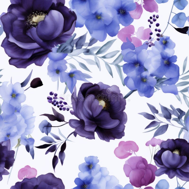 Seamless Pattern with Blue and Purple Flowers in a Watercolor Style ...