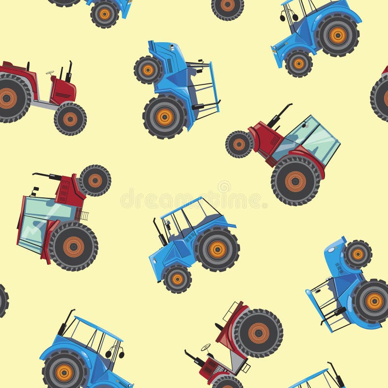 A Seamless Pattern with Blue and Red Tractors for Printing, a Vector ...