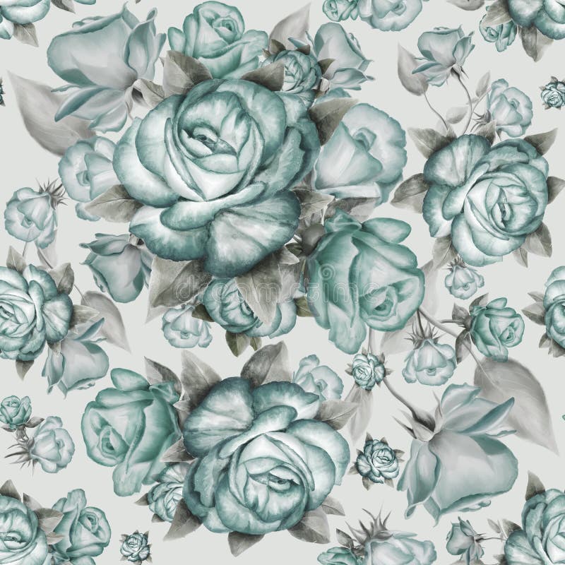 Seamless Pattern with Blue Roses and Gray Leaves on Background. Stock ...