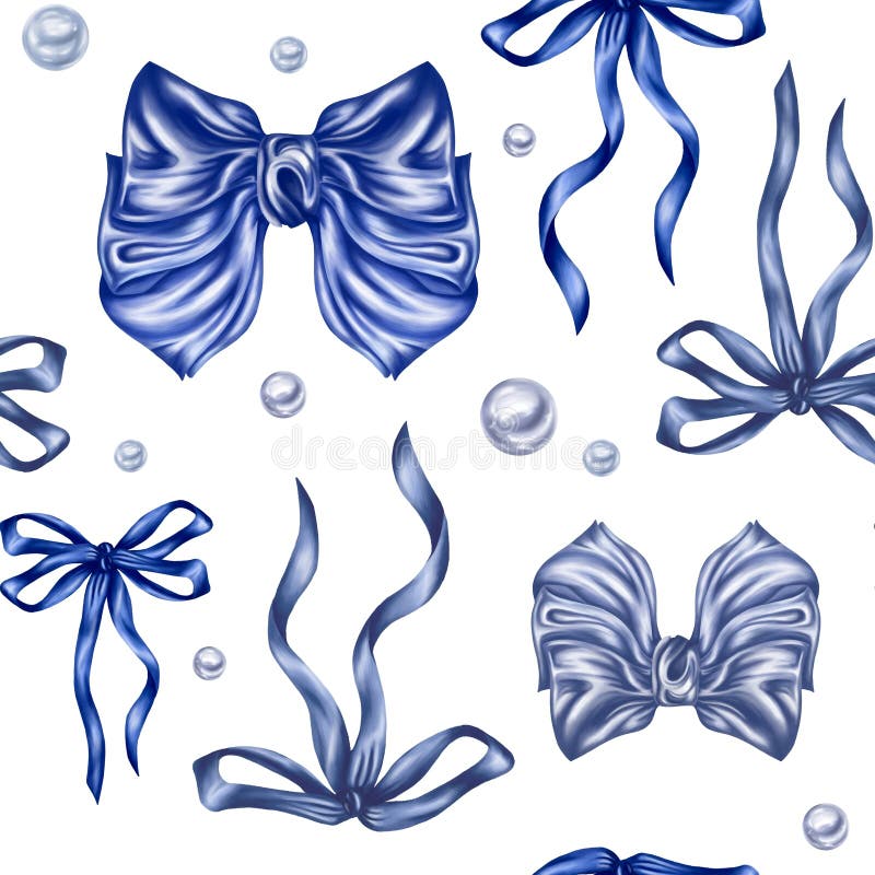 Seamless Pattern of Blue Satin Bows Made of Thin Smooth Ribbon ...