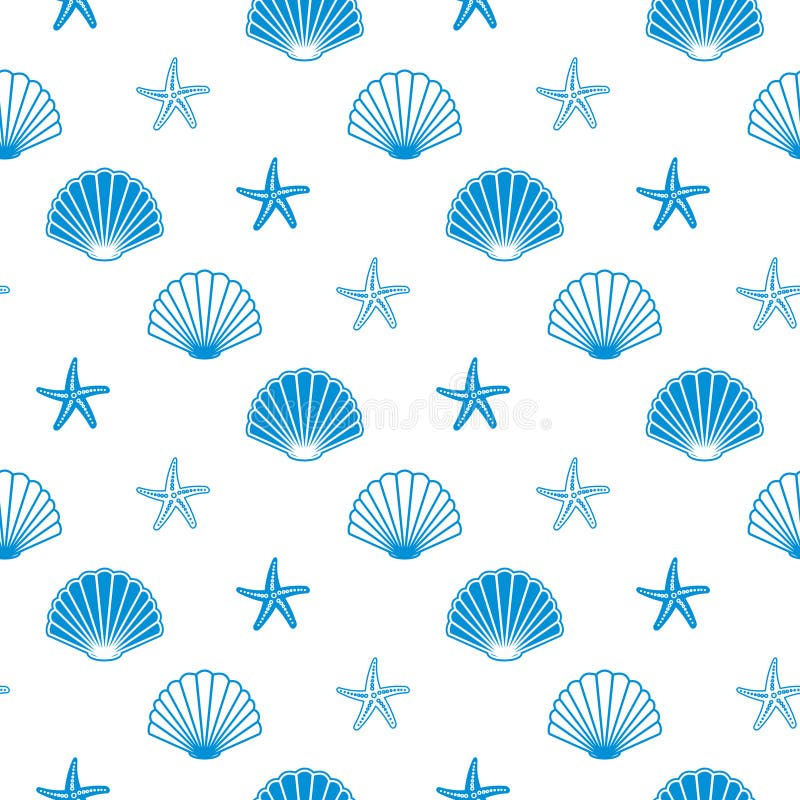 Seamless Pattern with Blue Seashells and Starfish - White Vector ...