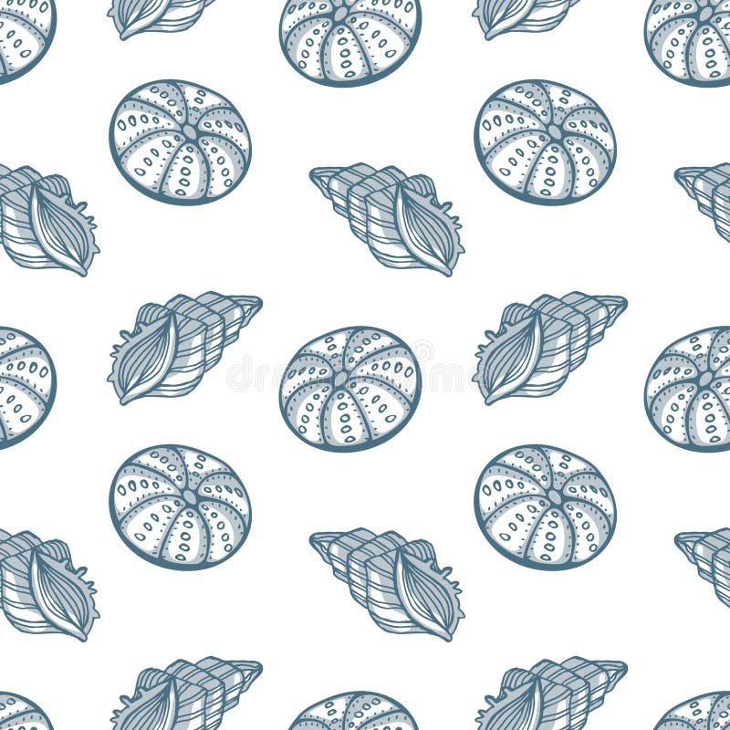 Seamless Pattern with Blue Seashells on a White Background. Marine ...