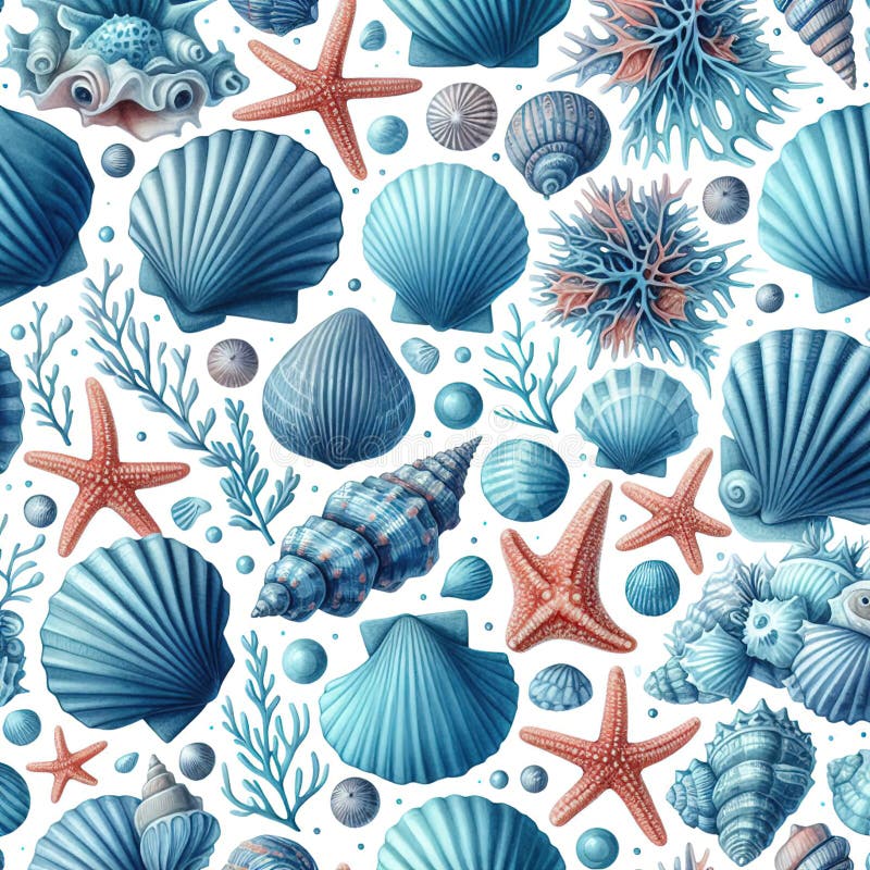 Seamless Pattern with Blue Shells Starfish Coral Underwater Ocean ...