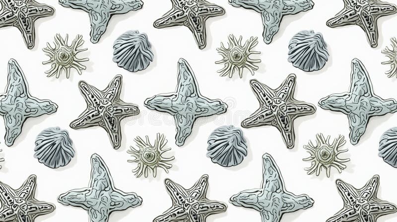 Seamless Pattern with Blue Shells Starfish Coral Underwater Ocean ...