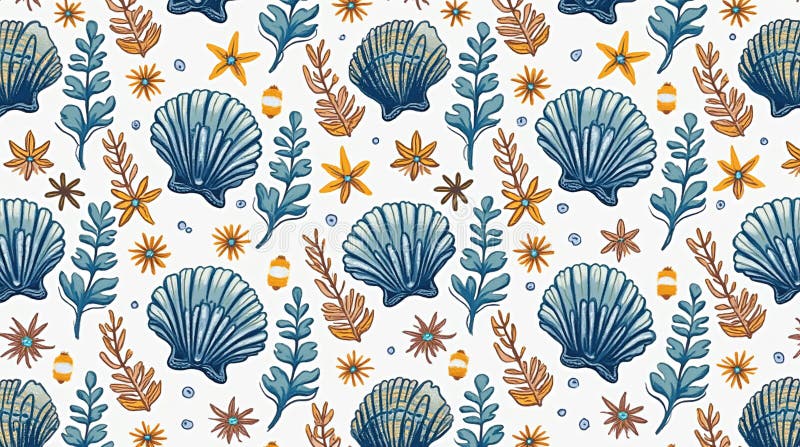 Seamless Pattern with Blue Shells Starfish Coral Underwater Ocean ...
