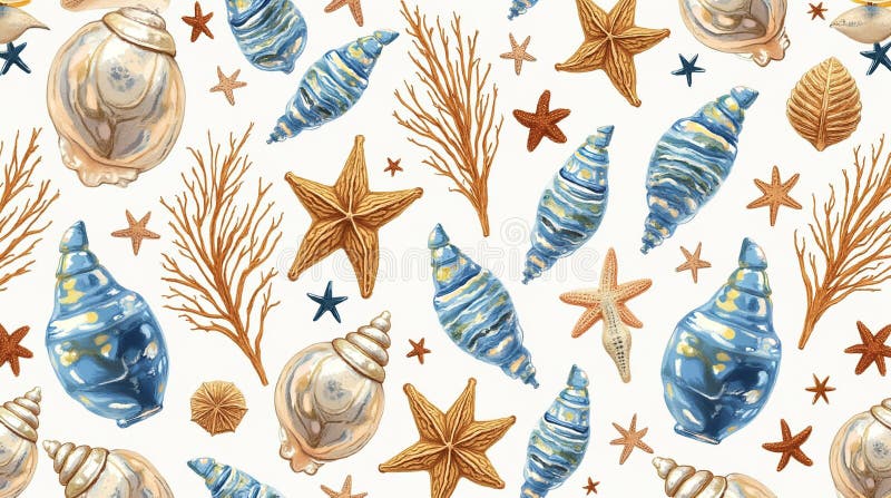 Seamless Pattern with Blue Shells Starfish Coral Underwater Ocean ...