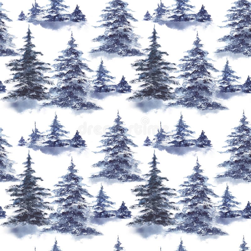 Seamless Pattern with Blue Snowy Forest Pine Trees. Stock Image - Image ...