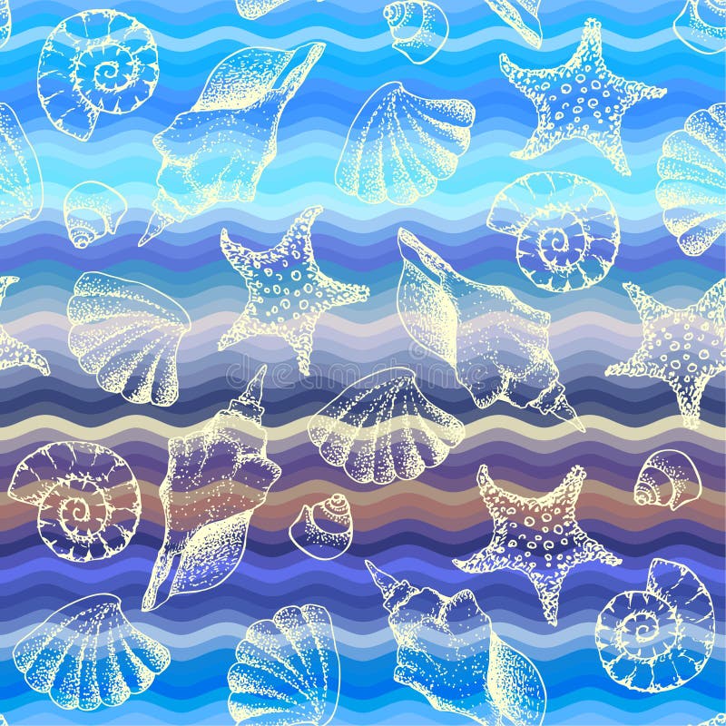 Blue Waves Pattern and Hand Draw in Marine Style. Stock Vector ...