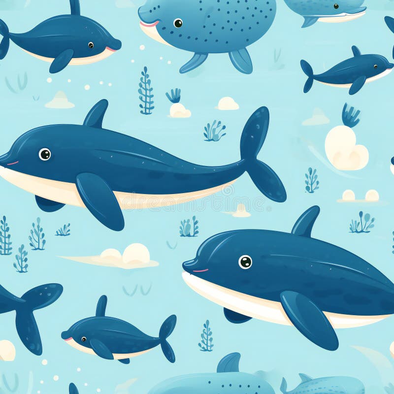Seamless Pattern with Blue Whales . Cartoon Graphics. Generative Ai Stock Illustration ...