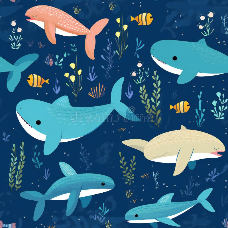 Seamless Pattern with Blue Whales . Cartoon Graphics. Generative Ai Stock Illustration ...