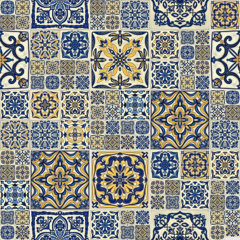 Seamless Pattern of Blue and Yellow Ceramic Tiles Stock Image - Image ...