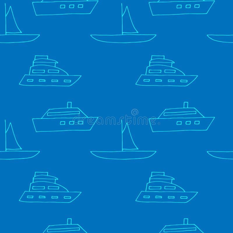 Seamless Pattern Boats, Vector Illustration, Hand Drawn, Blue Color ...