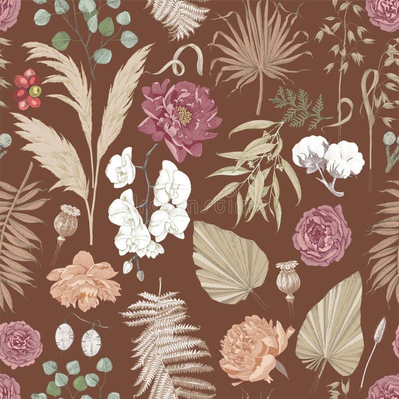 Seamless Pattern with Boho Dried Flowers Stock Vector - Illustration of ...