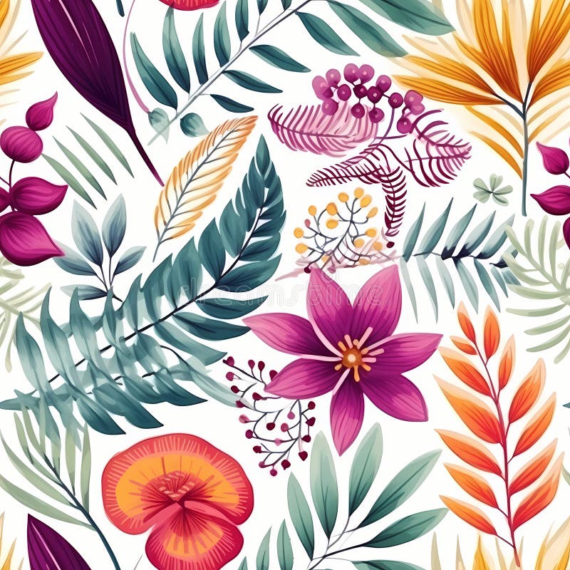 Seamless Pattern of Boho Foliage Botanical Tropical Leaves and Floral ...
