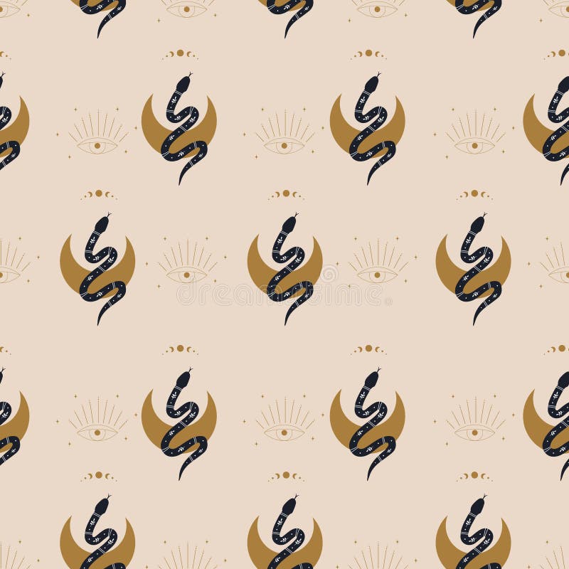 Seamless Pattern with Boho Magic Snake and Moon. Mystical Symbol in a ...