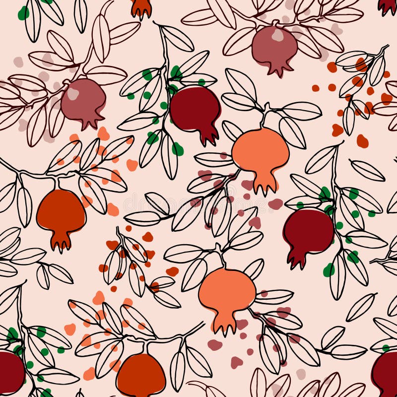 Seamless Pattern in Boho Style. Pomegranate Tree Branches with Fruit ...