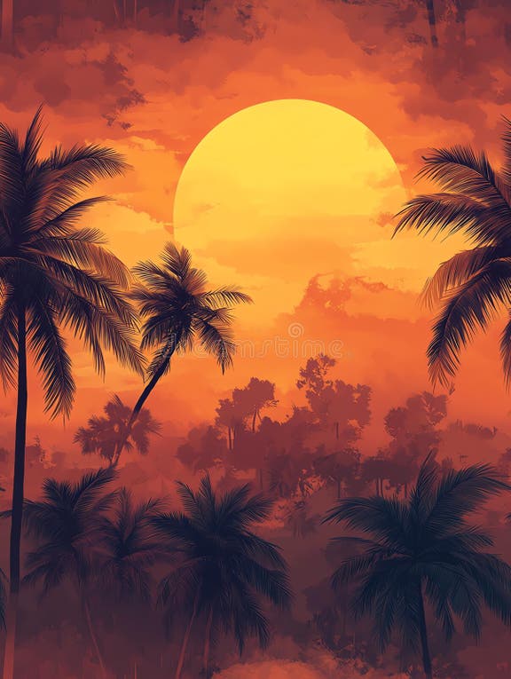 Seamless Pattern Boho Tropical Sunset Palm Pattern, Sunset View Over ...