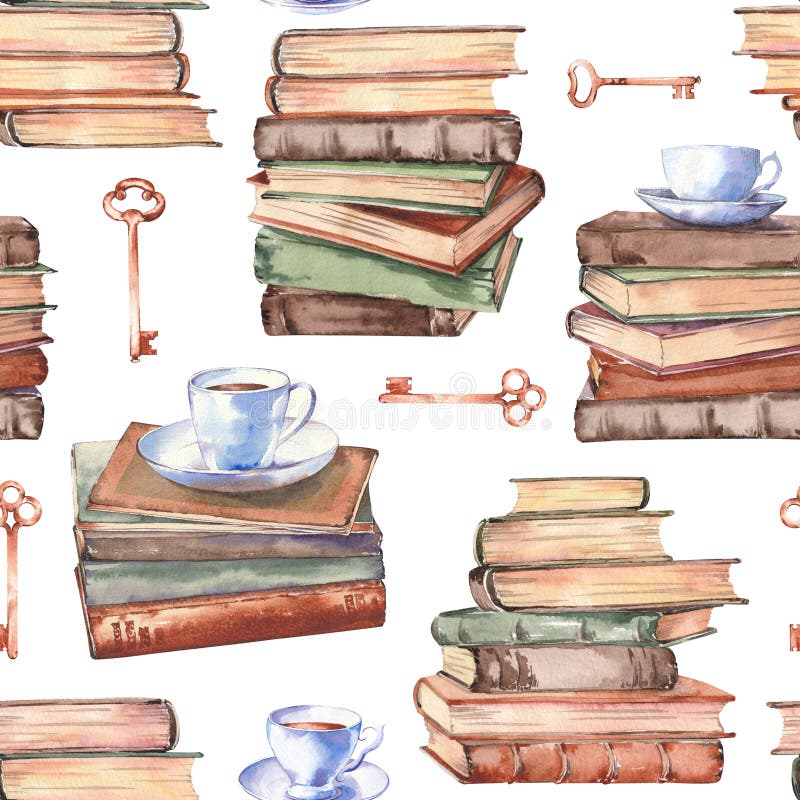 Seamless Pattern with Book Stacks and Coffee Cups. Stock Image - Image ...