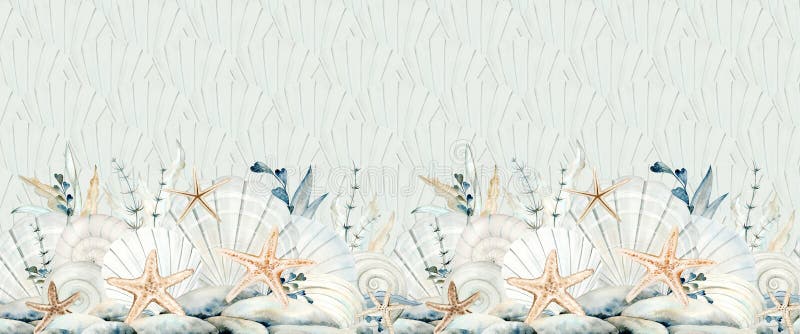 Seamless Pattern and Border of Beige Sea Shells, Starfish and Pebbles ...