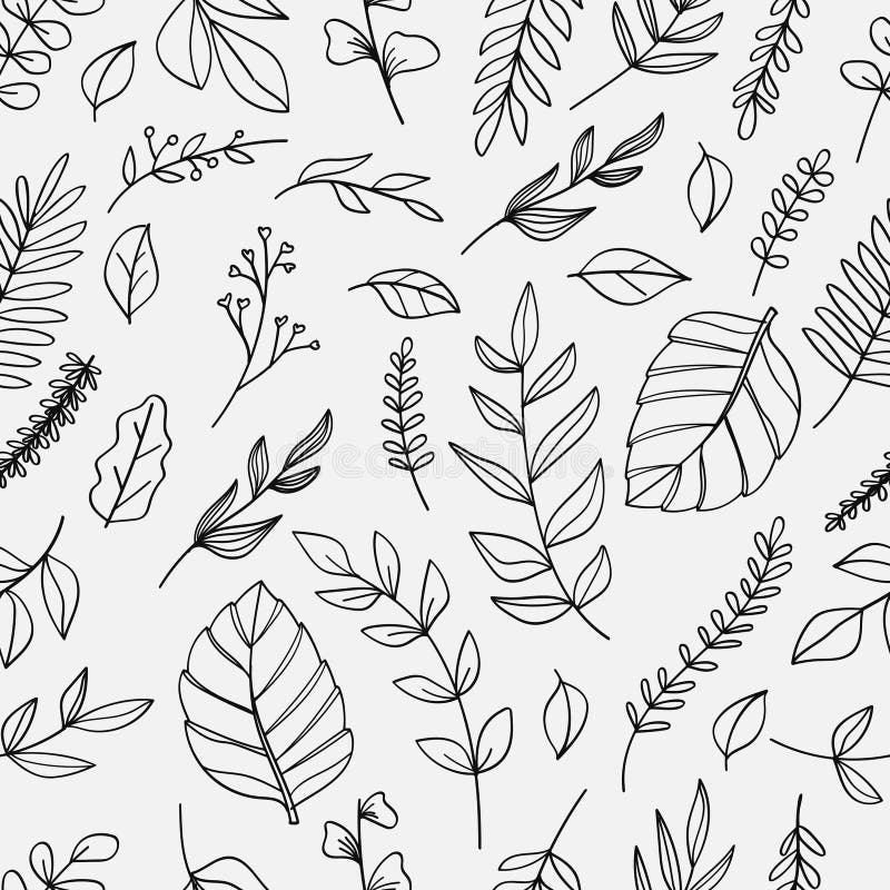 Seamless Pattern Botanical Leaves Line Art Isolated on White Background ...