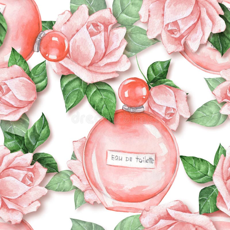 Seamless Pattern with Bottle of Perfume and Flowers Stock Illustration ...