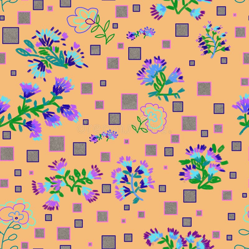 Seamless Pattern Of Bouquets Of Abstract Flowers And Squares With