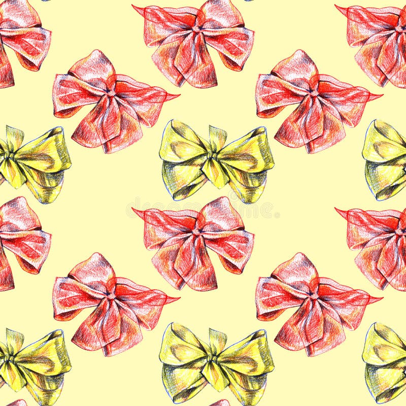 Seamless Pattern with Red and Yellow Bows. Hand Draw Color Pencil ...