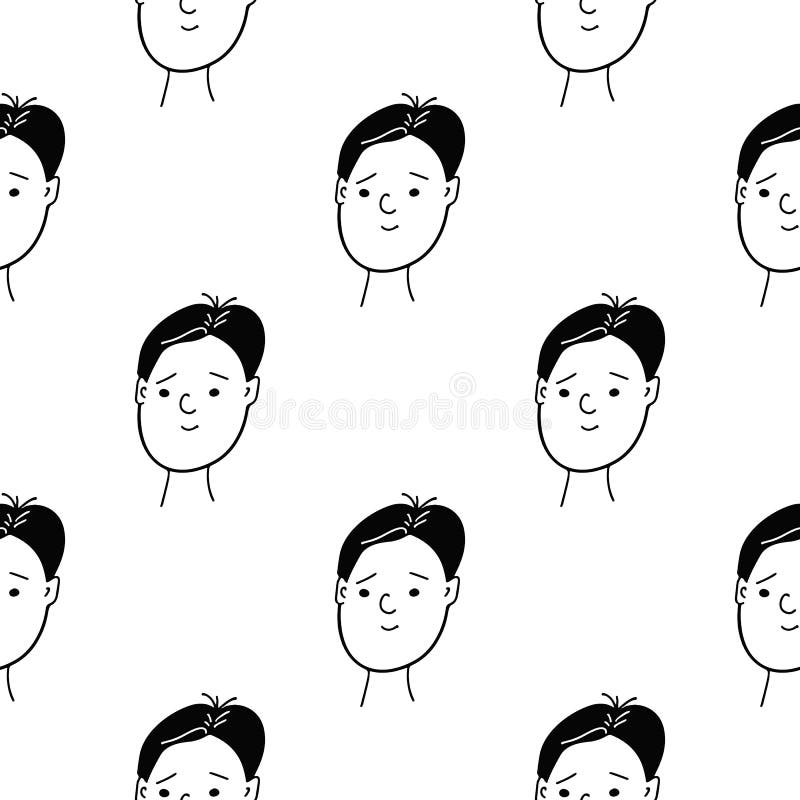 Seamless Pattern with Boy Head Illustration in Black Color on White ...