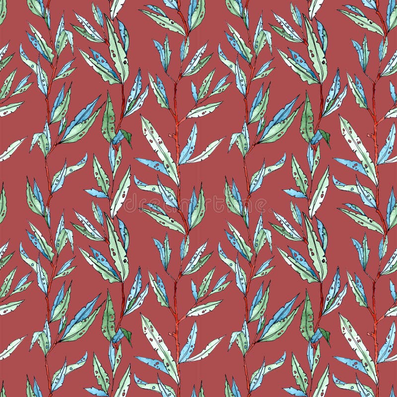 Seamless Pattern of Branches with Narrow Long Leaves on a Dark Red ...