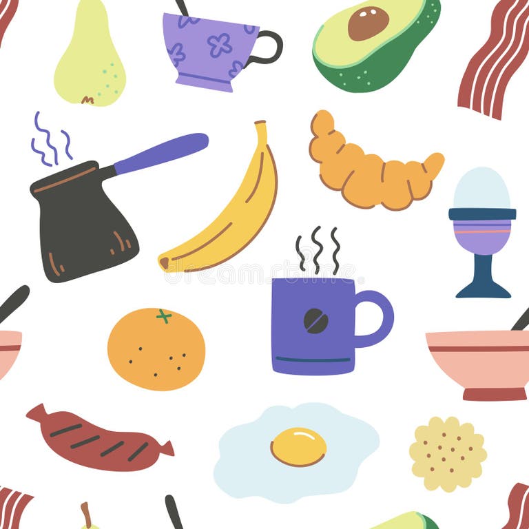 Seamless Pattern with Breakfest Time Elements in Colorful Modern Style ...